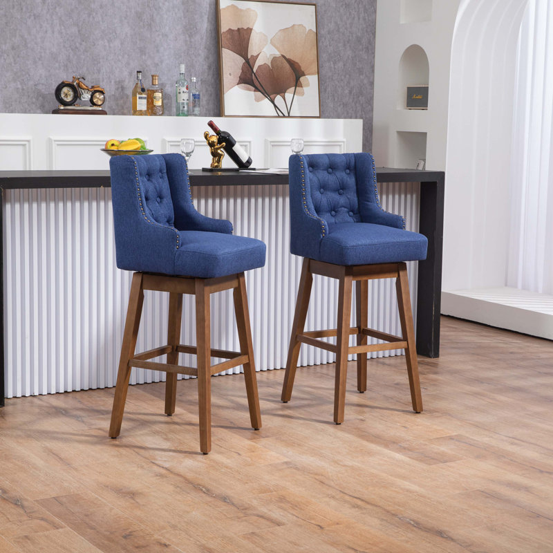 Bar Stools Set of 2 Counter Height Chairs with Footrest and 360 Degree Solid Wood Legs Linen Set of 2 Lark Manor Upholstery Navy